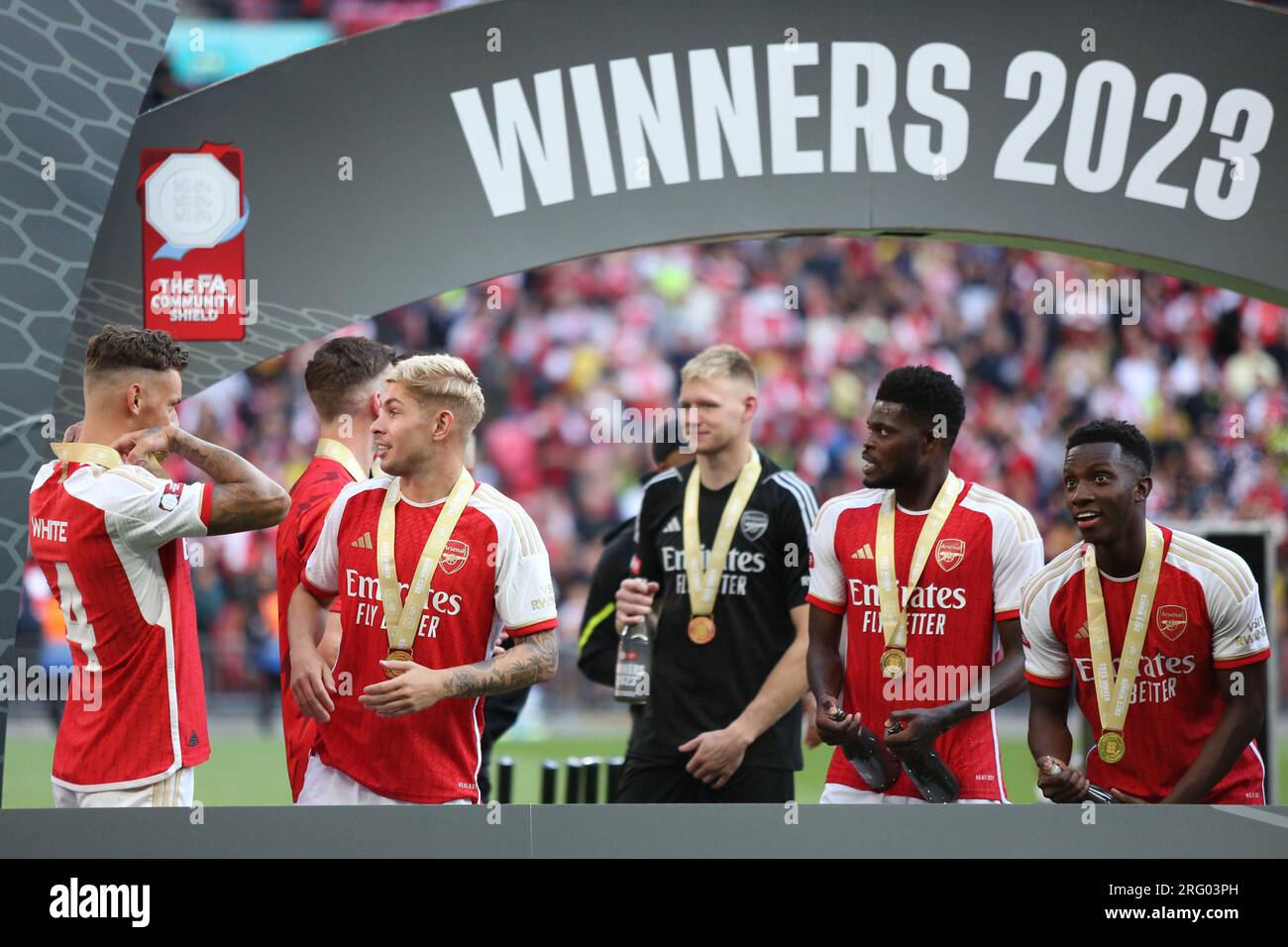 London, UK. 06th Aug, 2023. Arsenal celebrate winning the FA Community ...