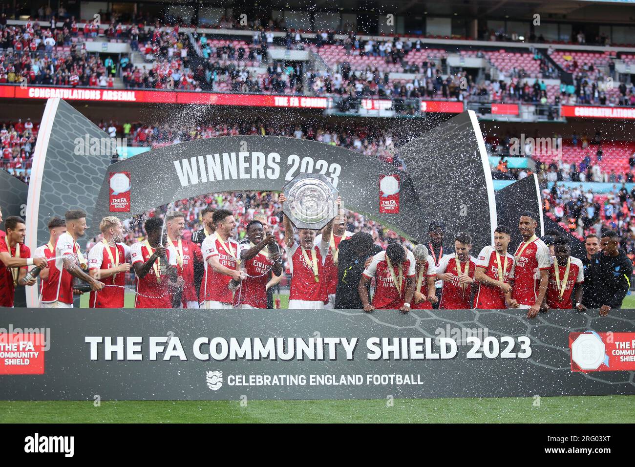 London, UK. 06th Aug, 2023. Arsenal celebrate winning the FA Community ...