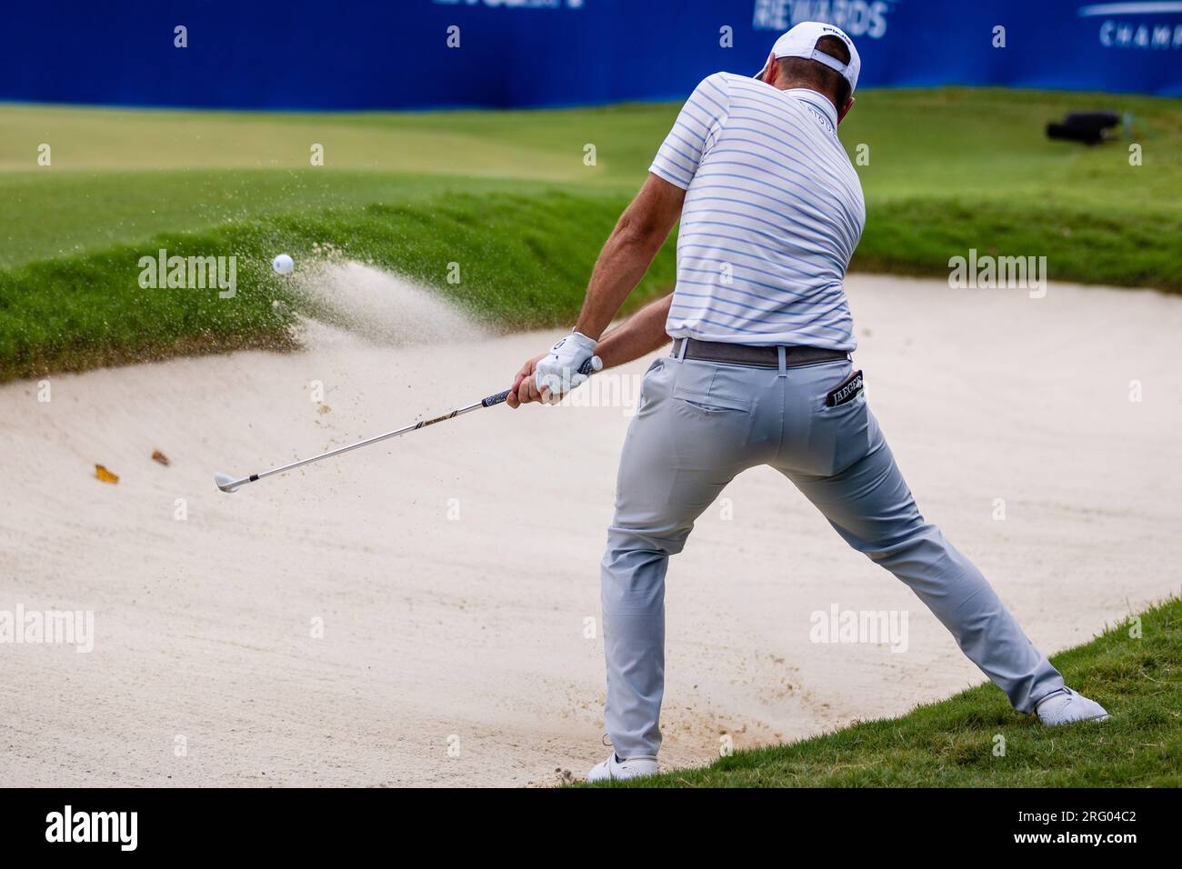 August 6, 2023: Stephan Jaeger chips out of the sand on fifteen during ...