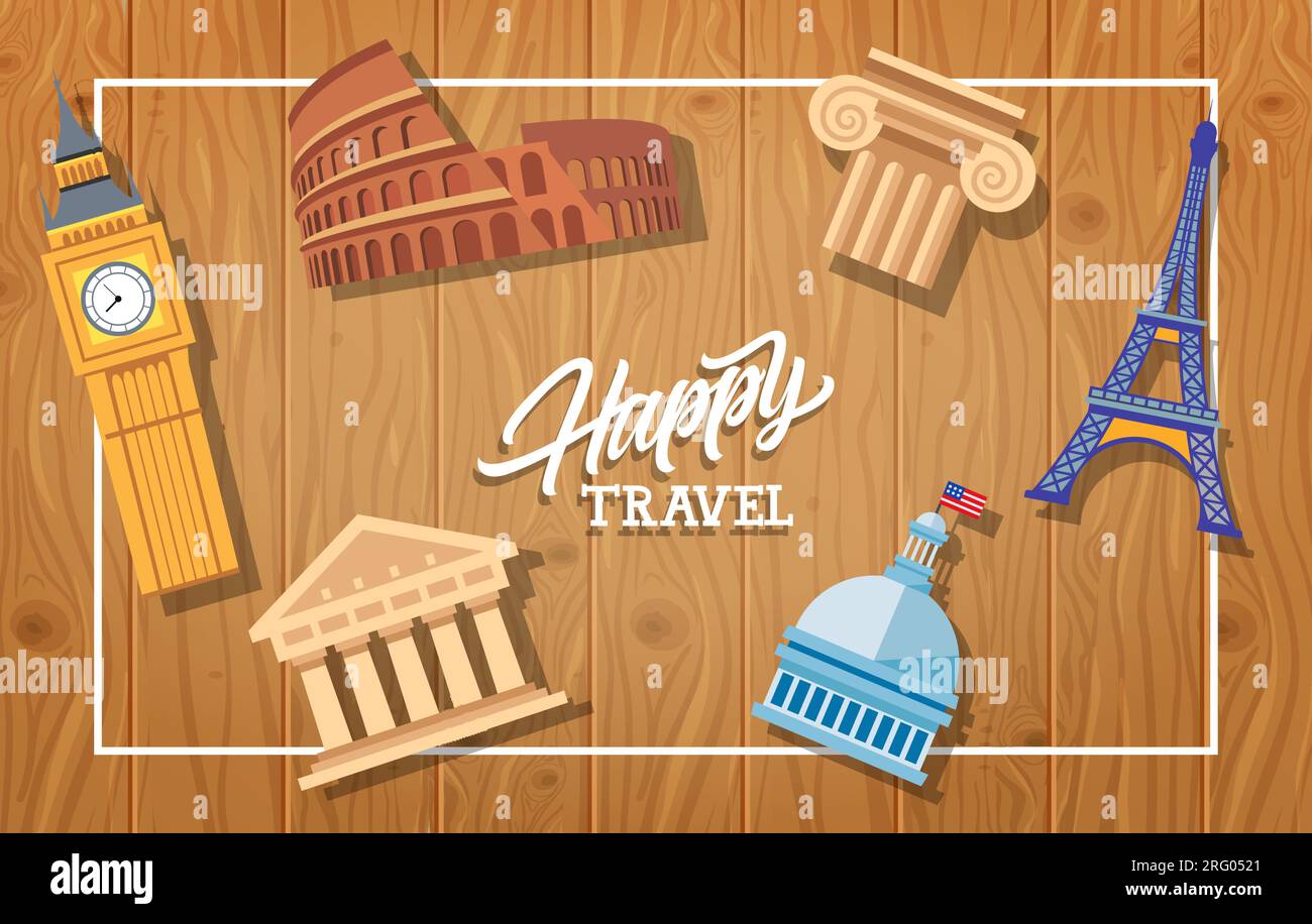 Happy Travel Lettering with Famous Sights Stock Vector Image & Art - Alamy