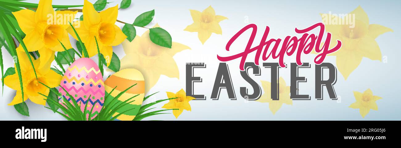 Happy Easter text with narcissus and eggs Stock Vector Image & Art - Alamy