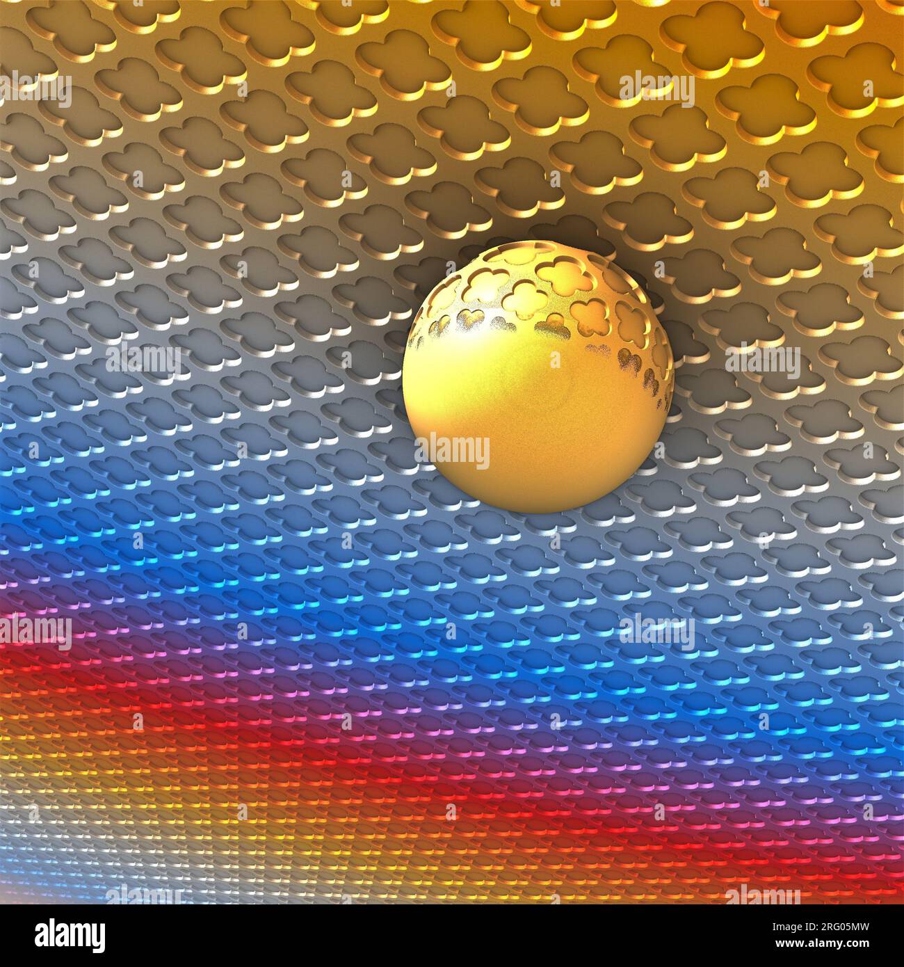 Abstract yellow sphere on multicolored patterned plane surface. 3d ...