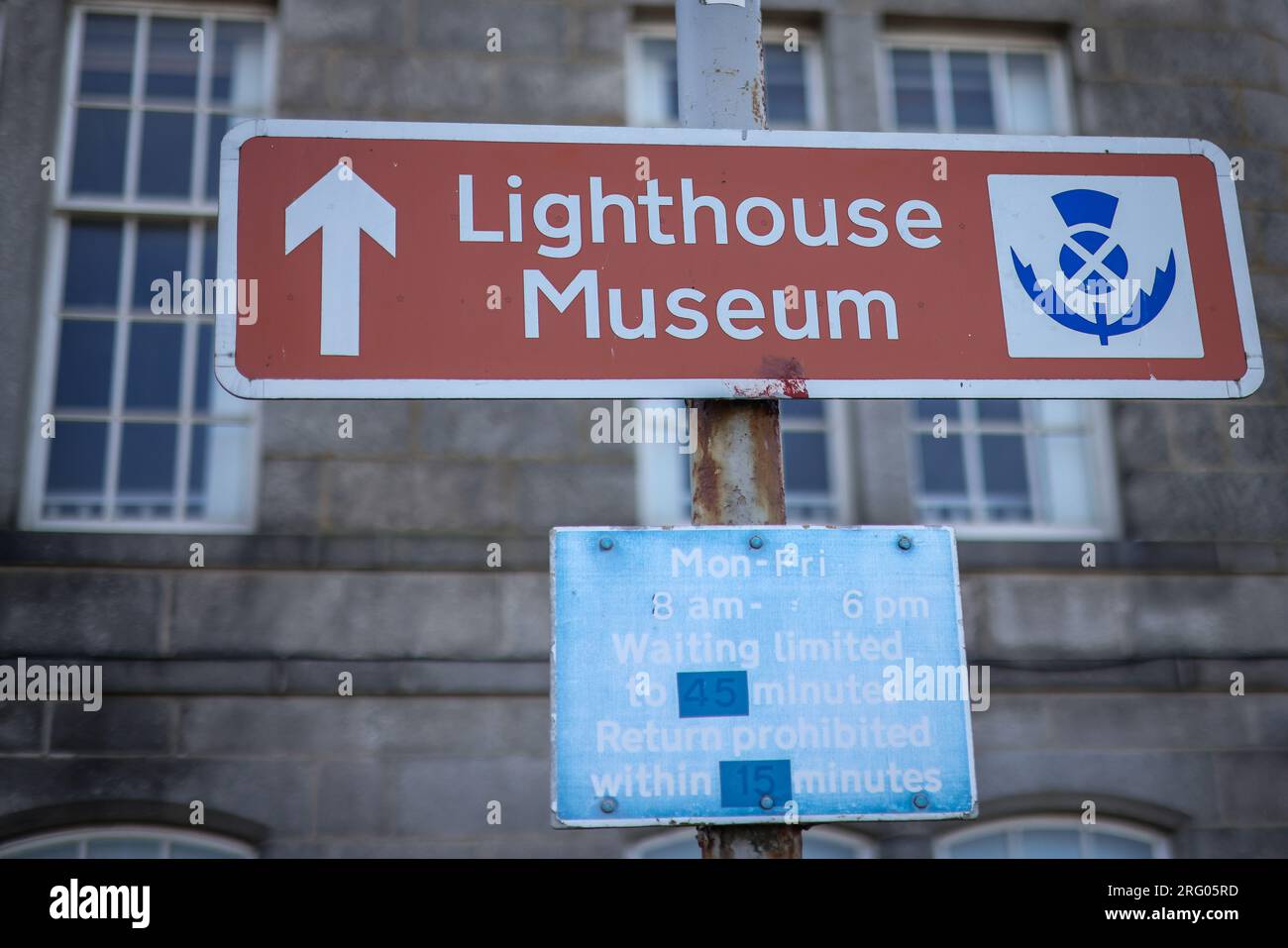 Brown 'Lighthouse Museum' sign directing people to the Scottish ...