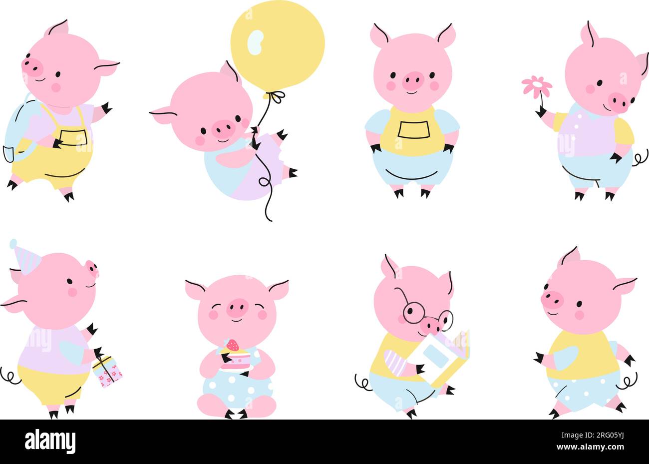 Cartoon pigs, funny hog characters in different poses. Happy pig ...
