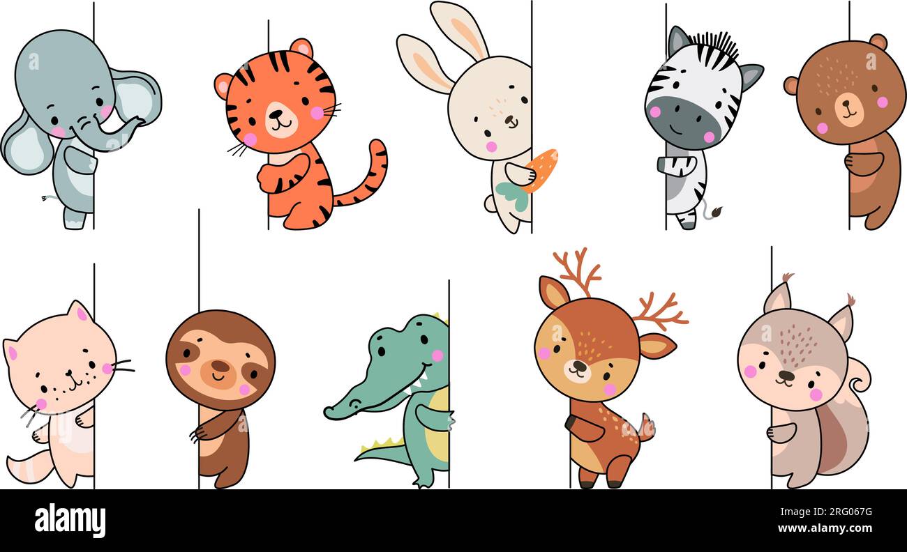 Wild animals peeking, cute cartoon animal looking out wall. Elephant ...