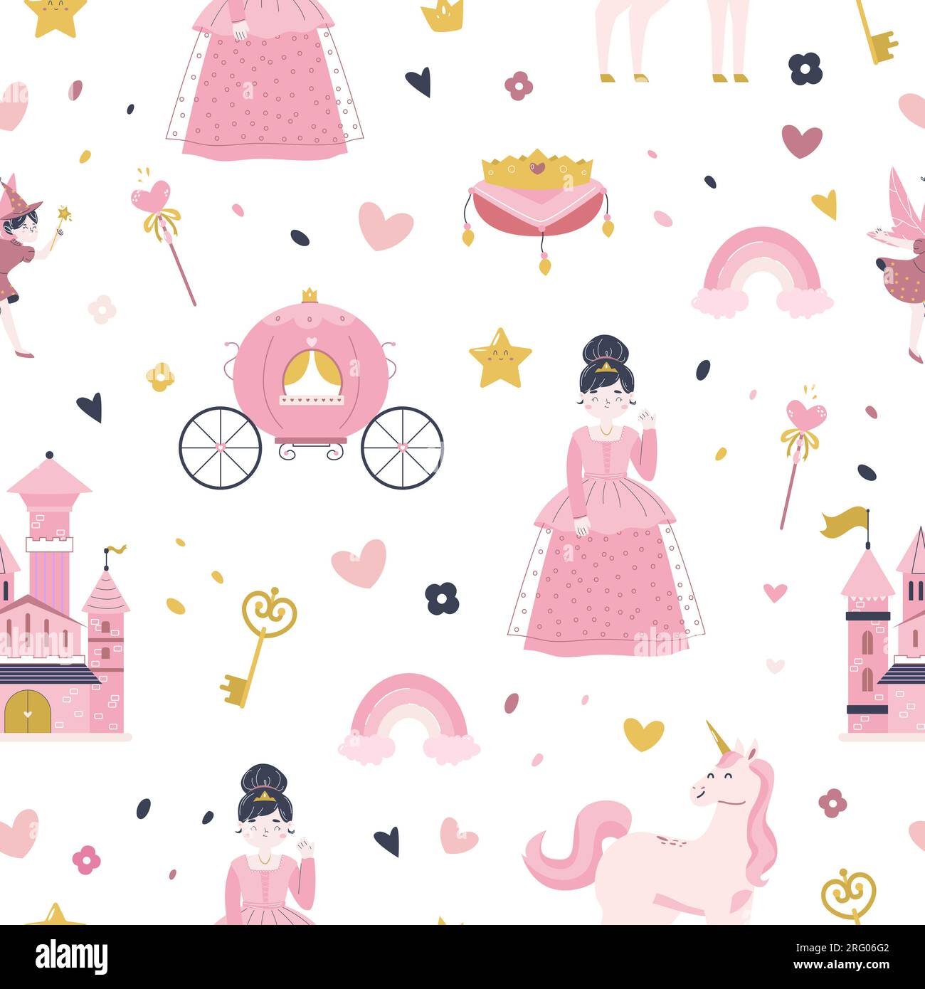 Princess seamless pattern. Castle, crown and little fairy lady in dress ...