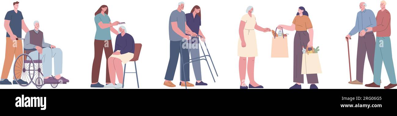 Care and helping characters, social workers help elderly. Old man walk ...