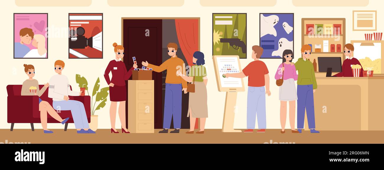 People in cinema hall, family and couples buy tickets and food. Movie ...