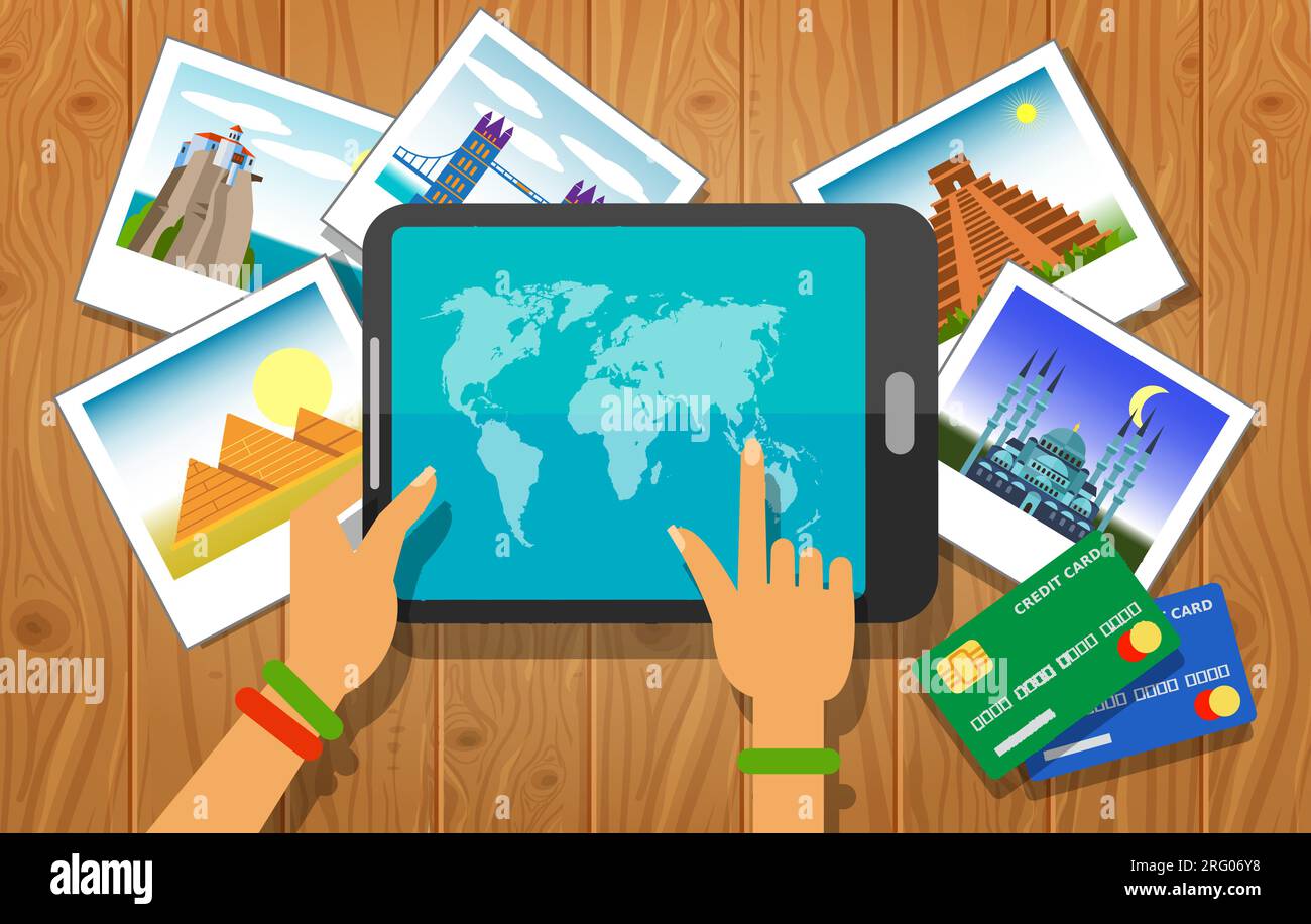 Travel Poster with Tablet and Pictures Stock Vector Image & Art - Alamy