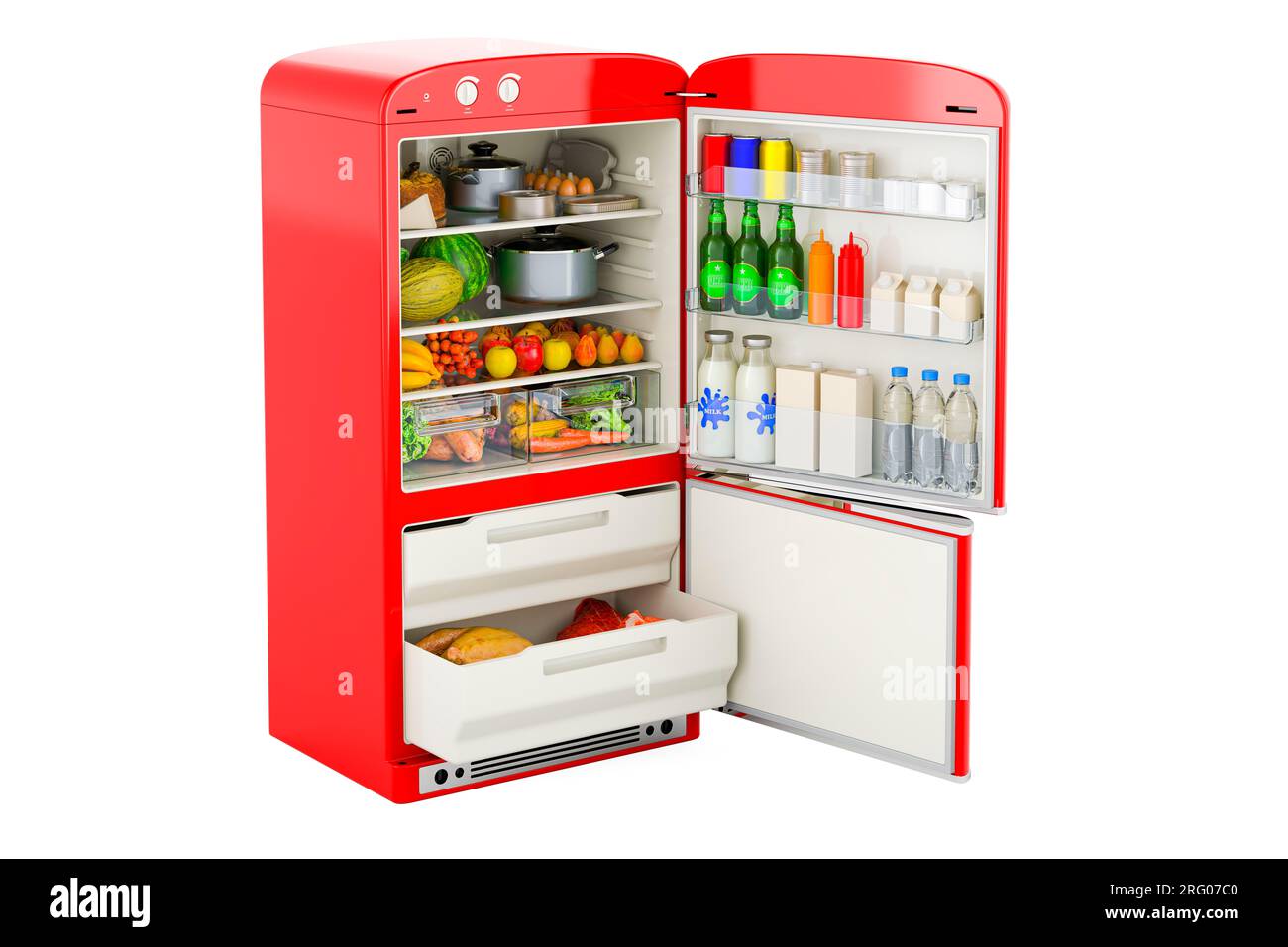Open fridge with fresh fruits and vegetables and healthy food, 3D ...
