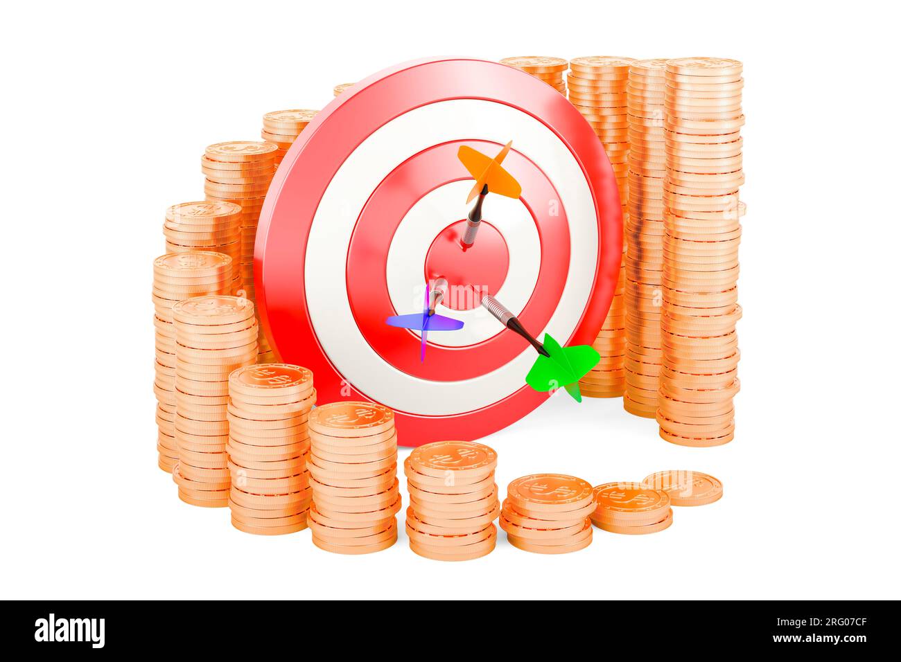 Target with growing chart from gold coins around, 3D rendering isolated ...