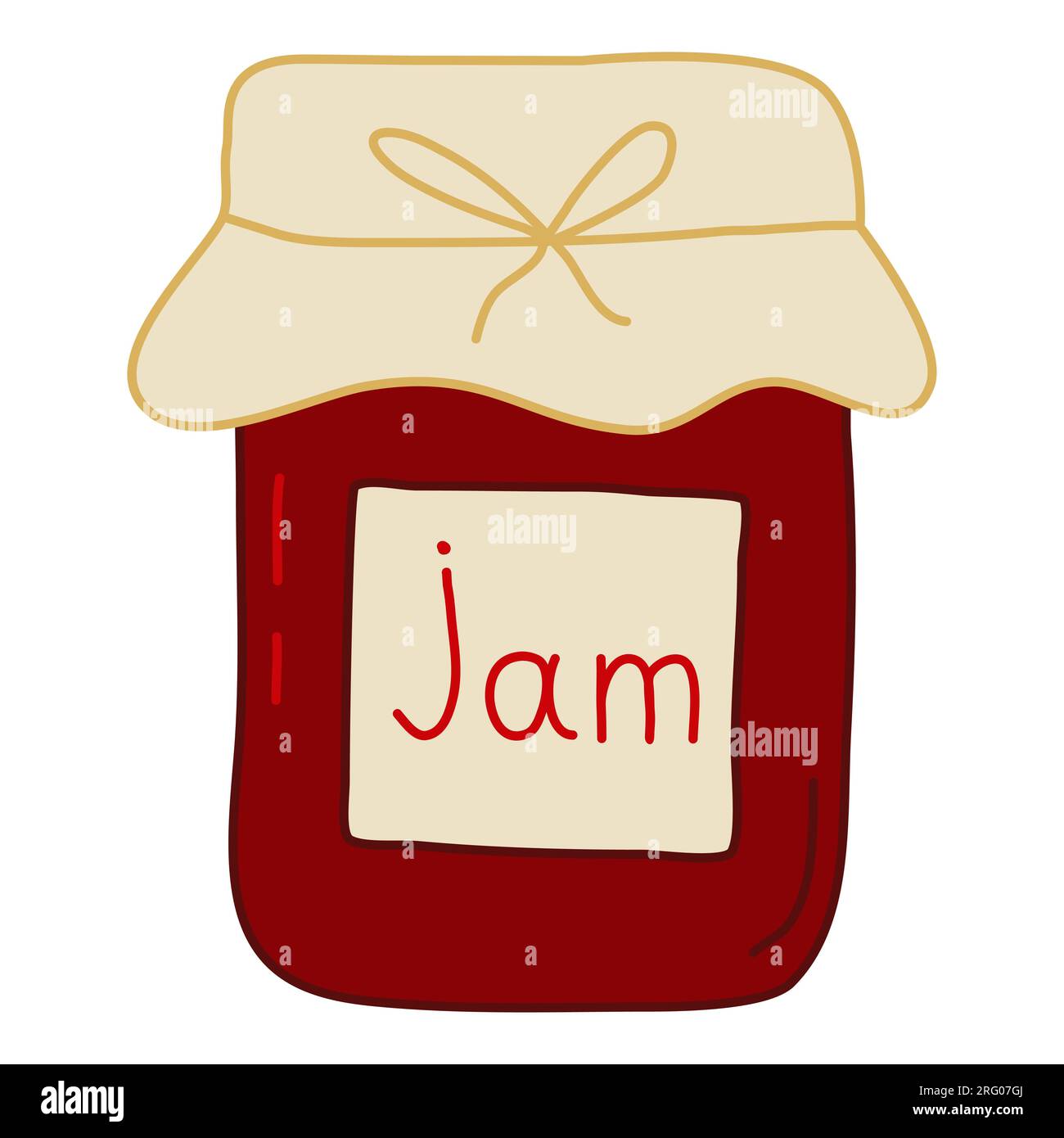 Glass of homemade red fruit jam, lid covered with cloth and rope tide ...