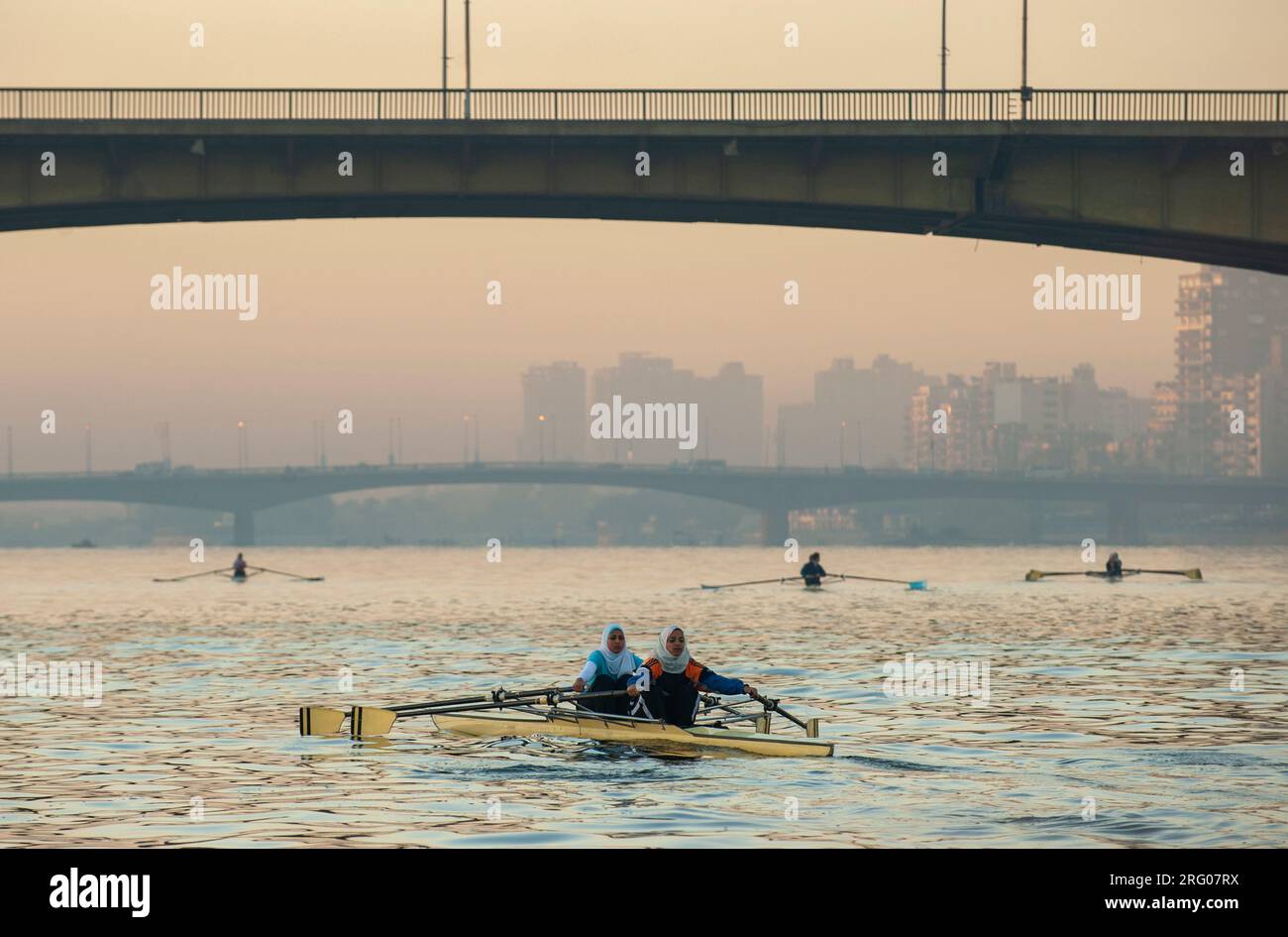Africa, Egypt, Cairo, Nile River. Women row on the Nile river Stock ...