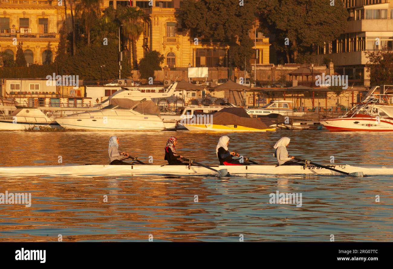 Africa, Egypt, Cairo, Nile River. Women row on the Nile river Stock ...