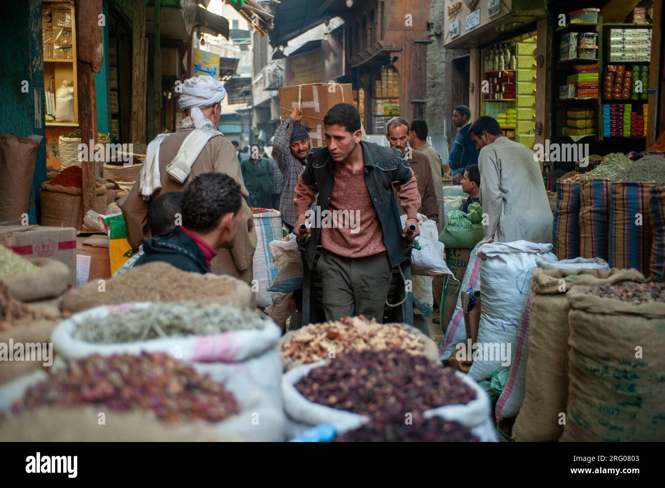 Africa, Egypt, Cairo. Tourists and locals visit the famous Khan el ...