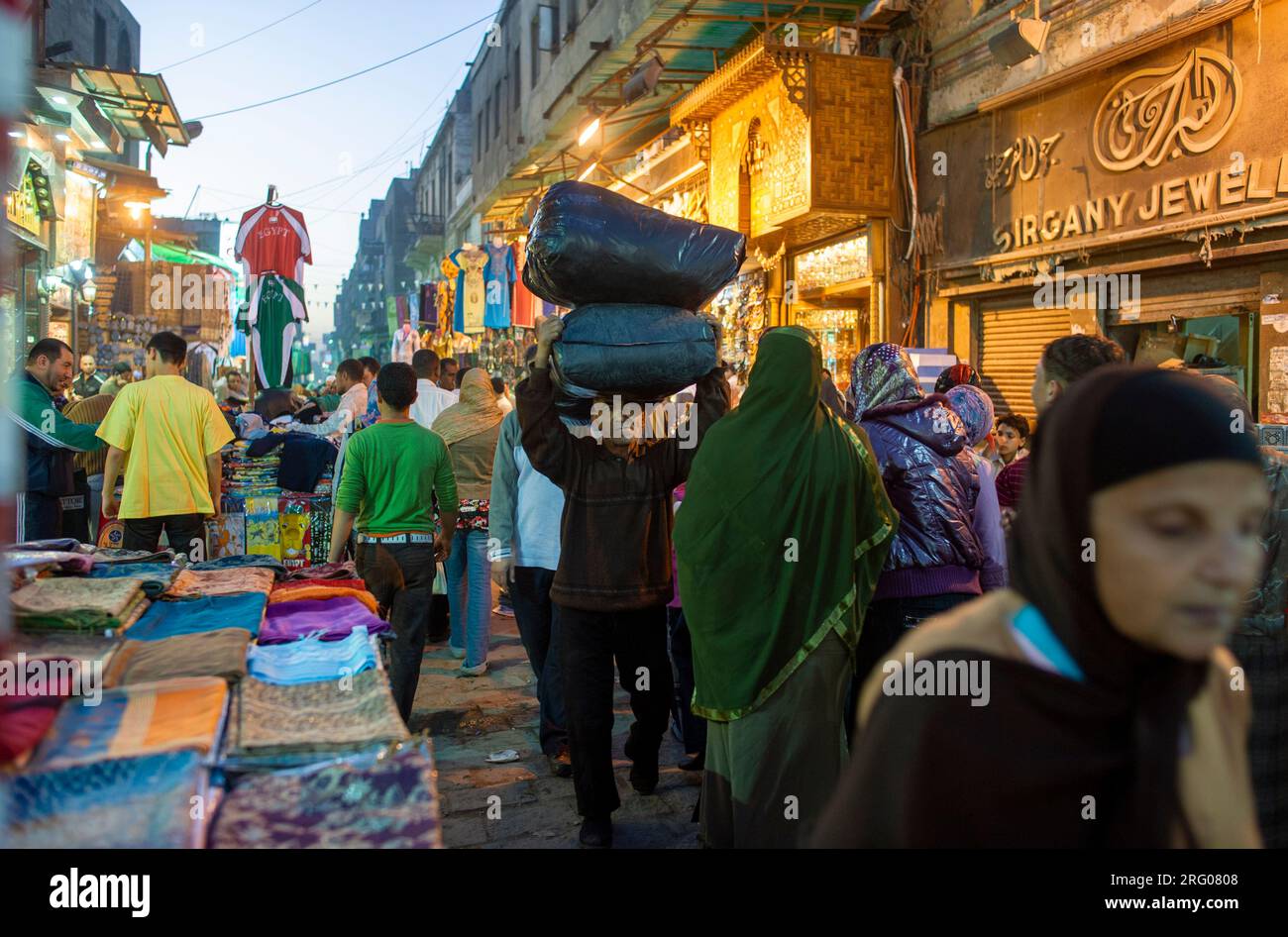 Africa, Egypt, Cairo. Tourists and locals visit the famous Khan el ...