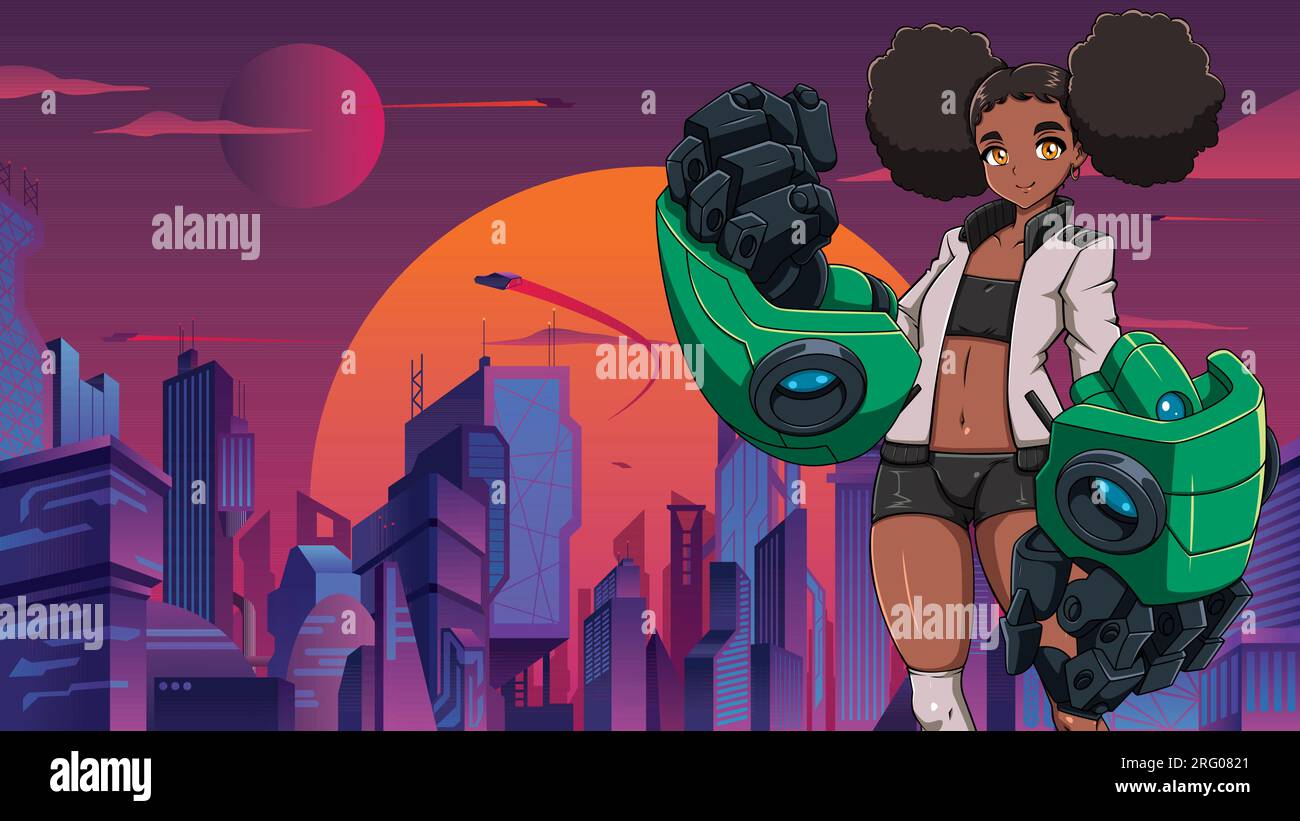 Black Anime Girl with Robotic Arms Stock Vector Image & Art - Alamy