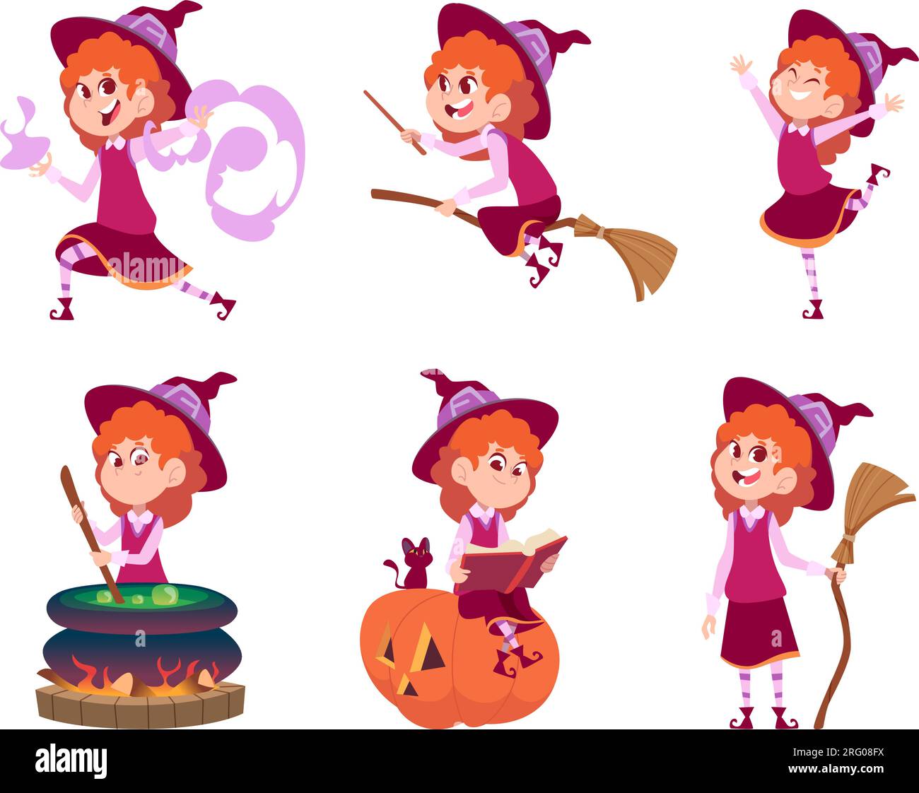 Little witch. Funny and scary little girl in purple dress different ...