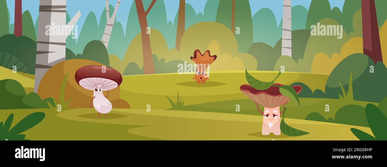 Mushroom mascot. Nature background with funny characters mushroom exact ...