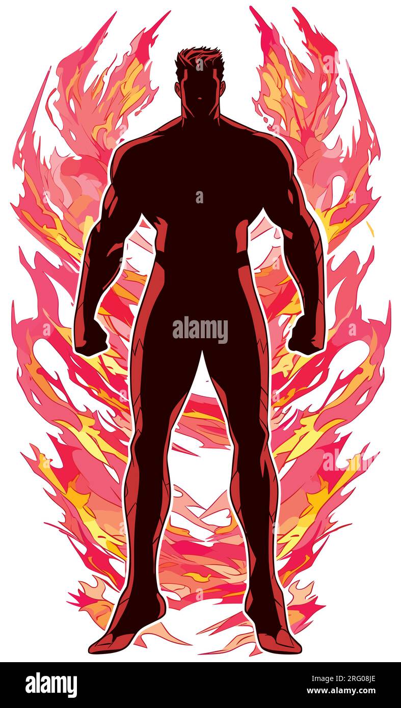 Silhouette illustration of superhero with fire superpower, flying on ...