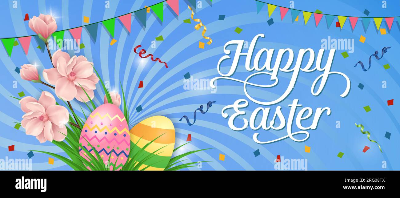 Happy Easter text, flags, eggs and flowers Stock Vector Image & Art - Alamy