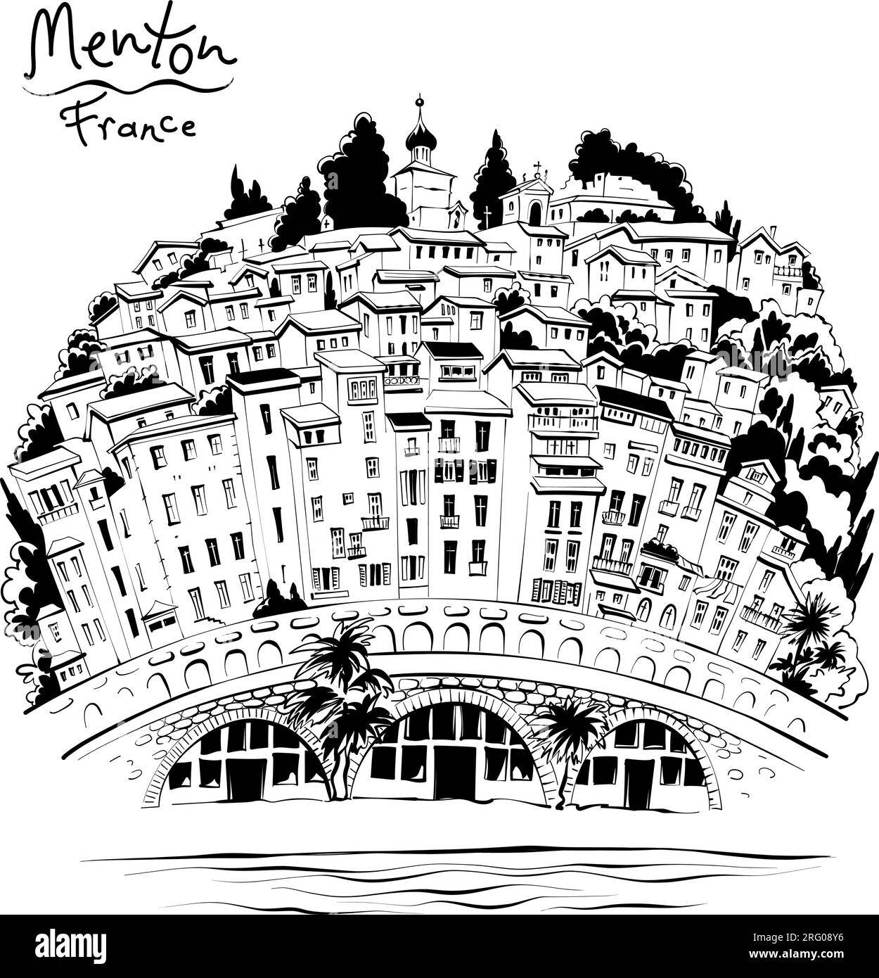 Vector hand drawing. Typical Provencal houses in Menton, Provence ...