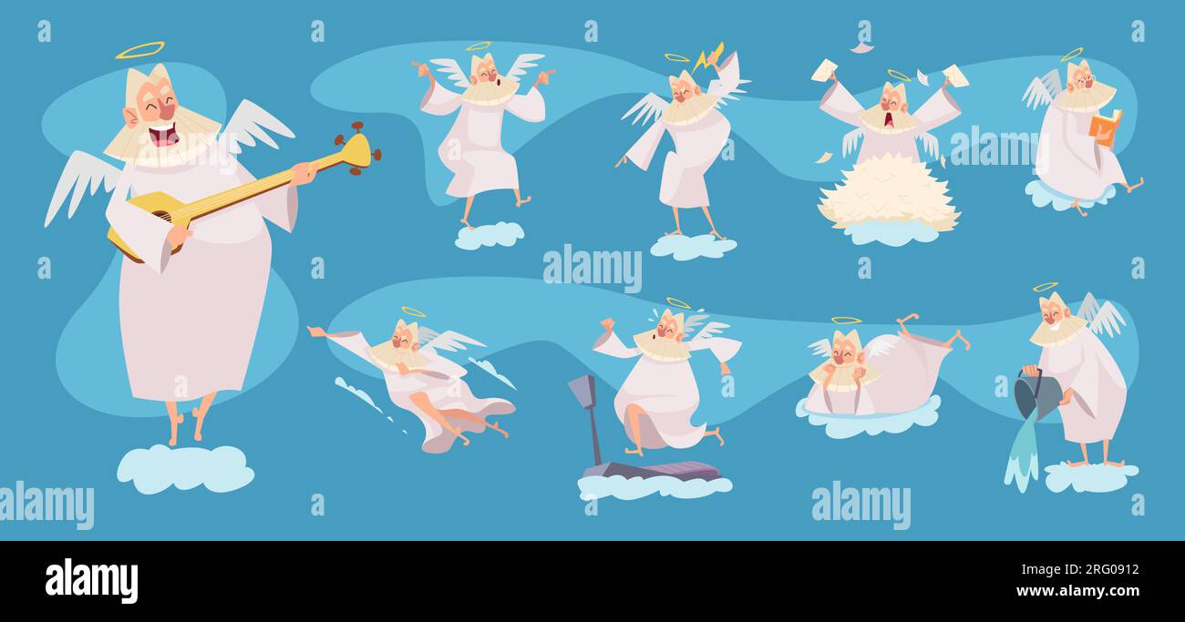 Old man on cloud. Holy elderly character with beard different action ...