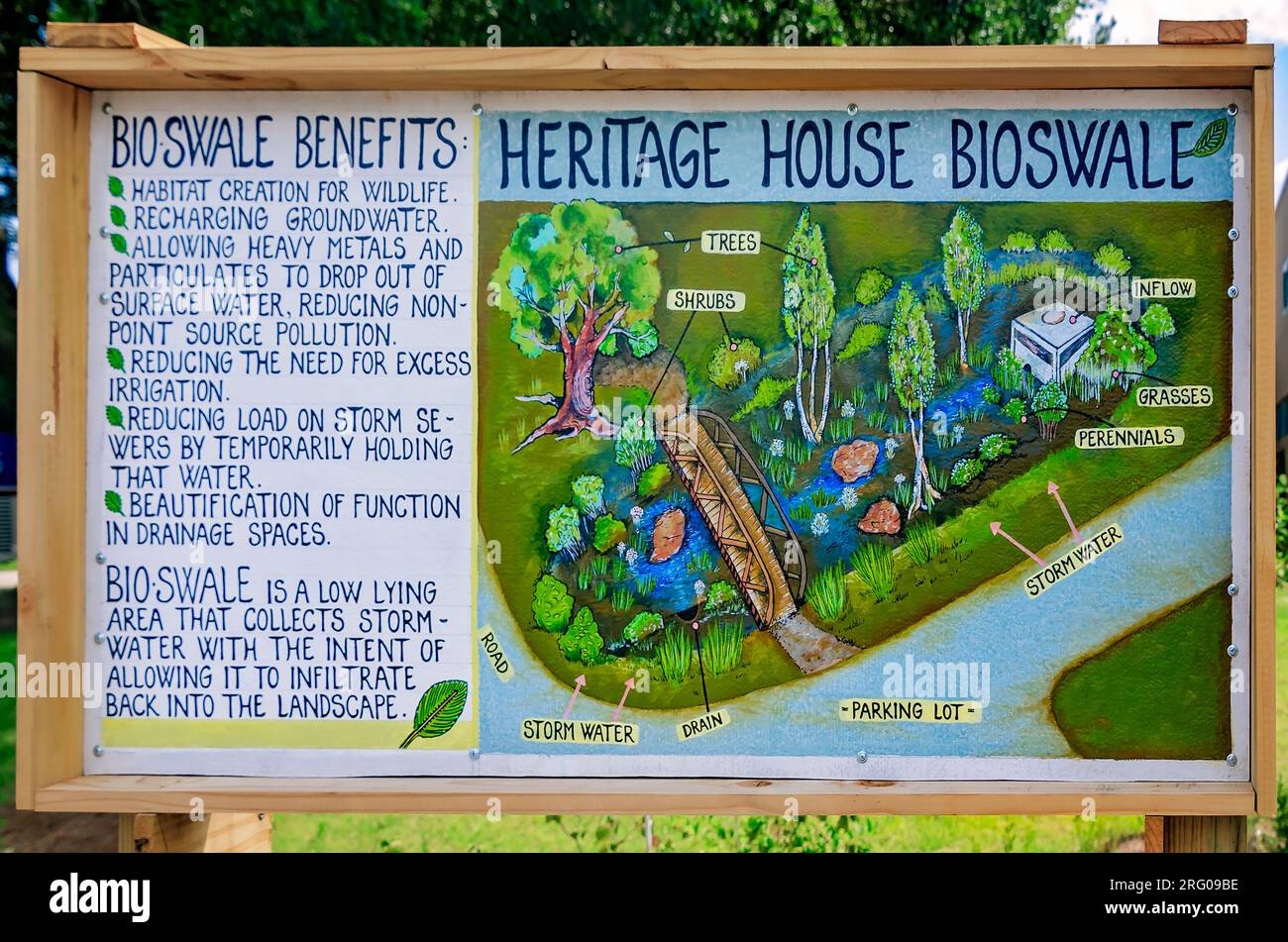 A sign details the benefits of a bioswale at Africatown Heritage House ...