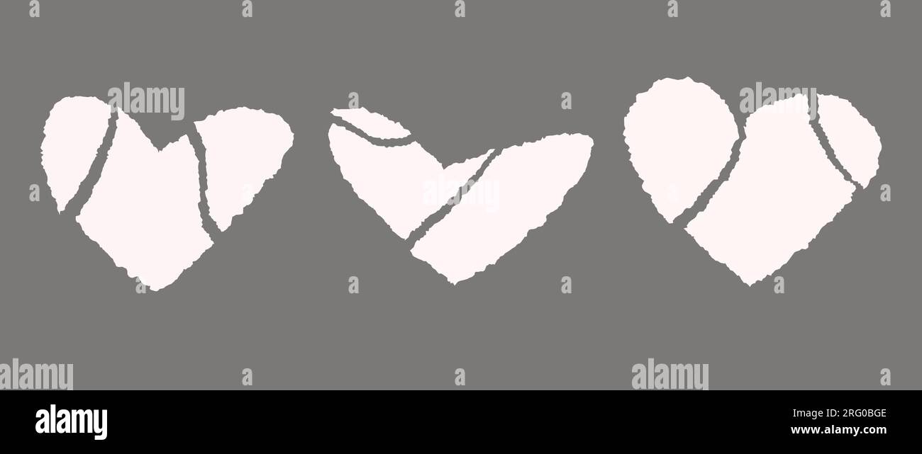 Torn in parts paper hearts. Collection of disrupted heart-shaped ...
