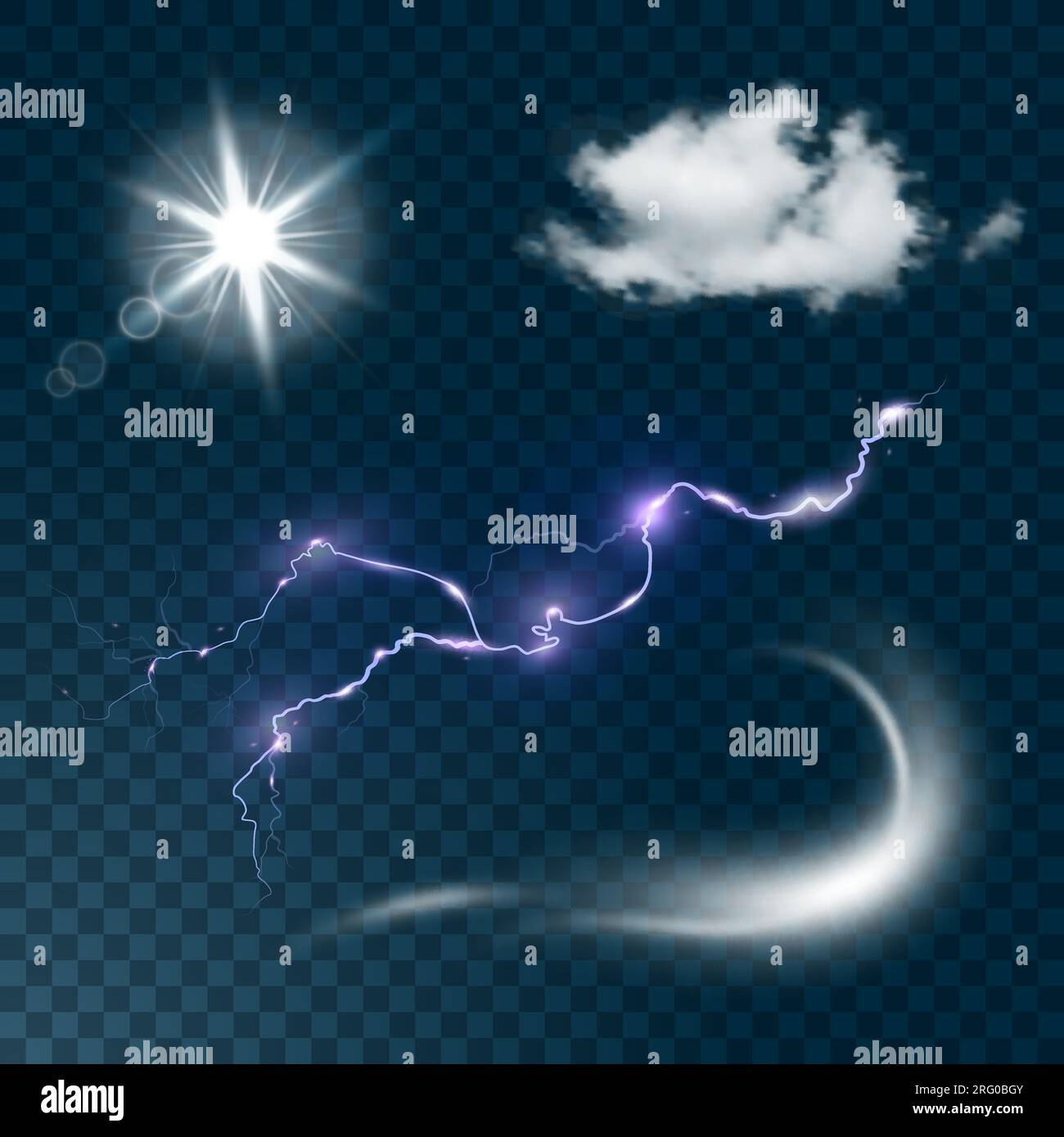 Weather realistic icons set isolated on dark transparent background ...