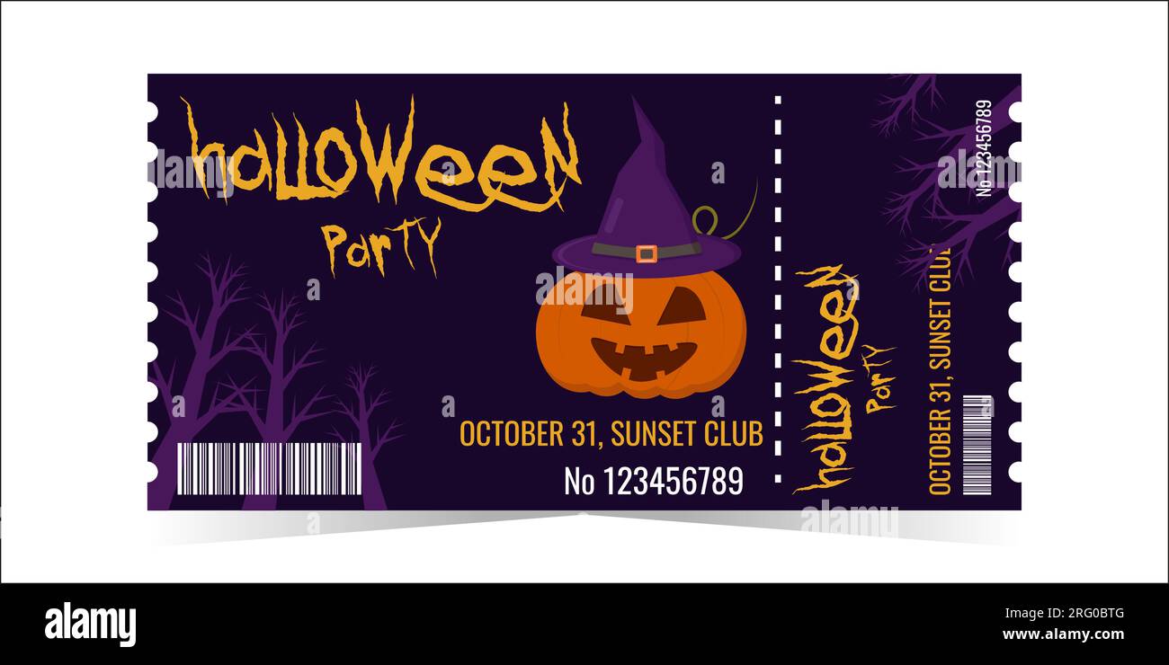 Layout of the Halloween Party Ticket Template. Pumpkin in a witches hat ...