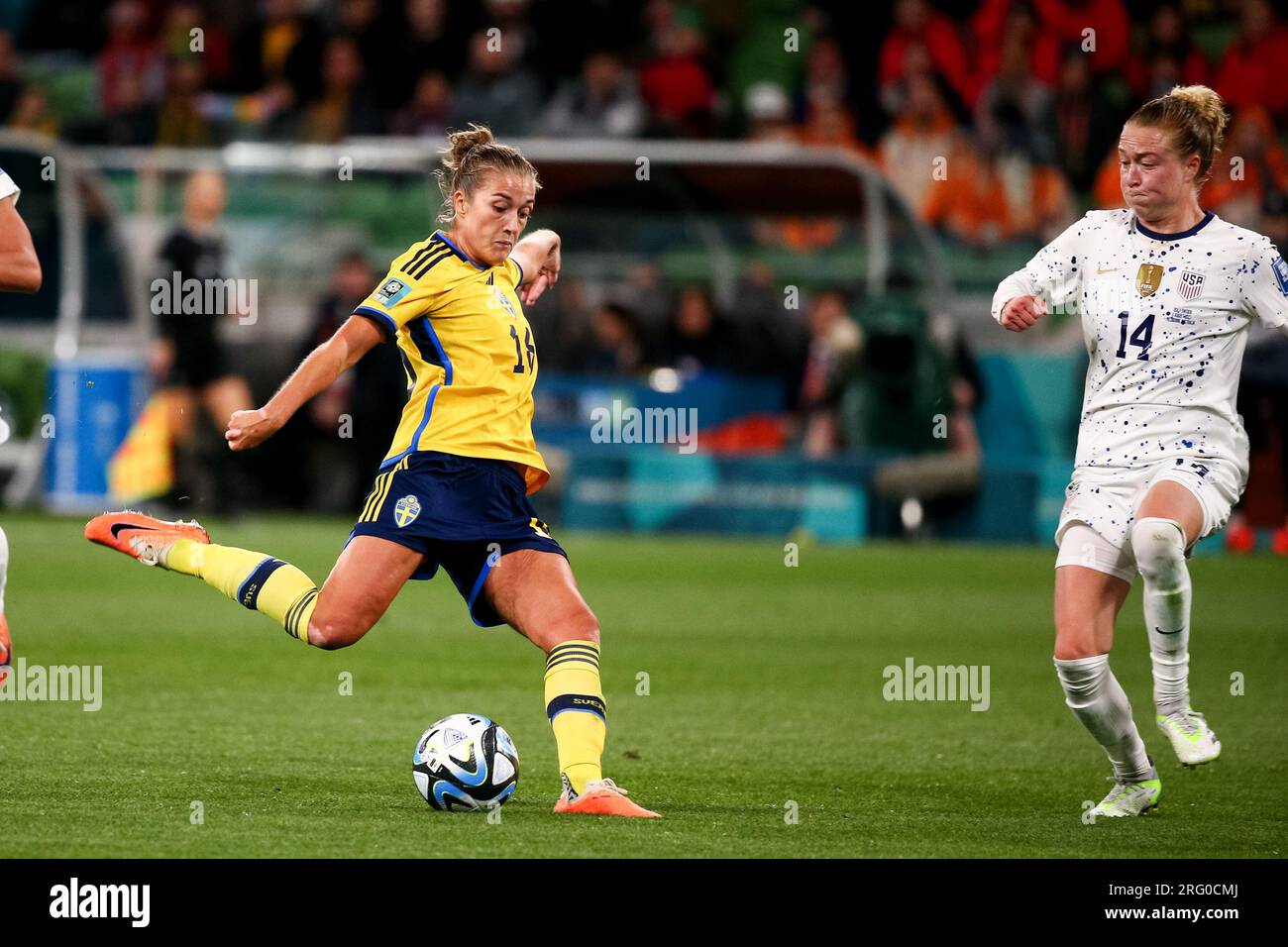 Melbourne, Australia, 6 August, 2023. Filippa Angeldahl of Sweden kicks ...