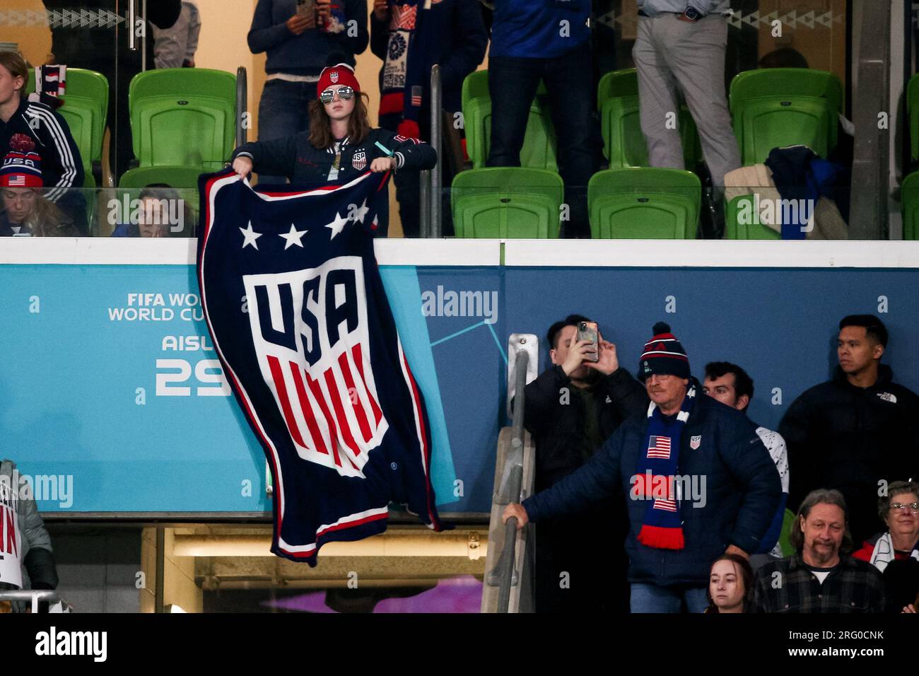 Melbourne, Australia, 6 August, 2023. A USA fan holds a large flag ...