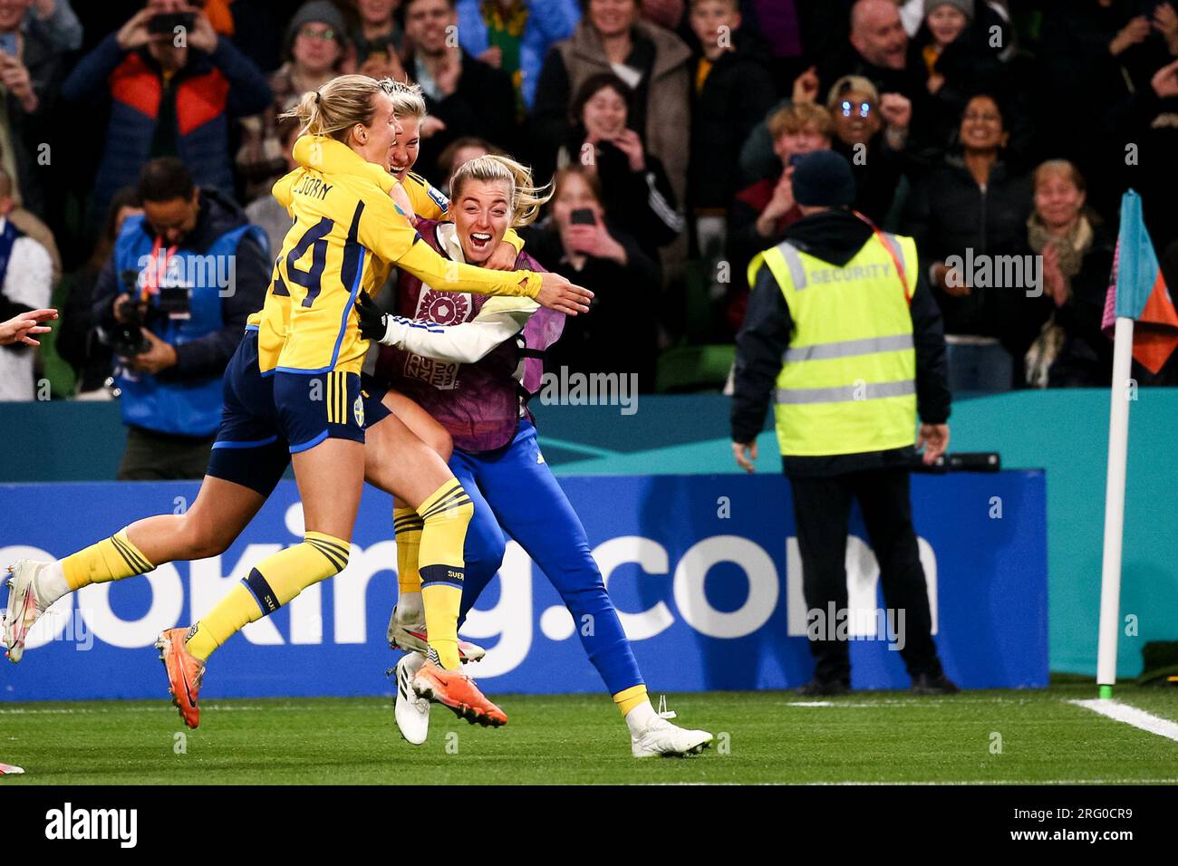Melbourne, Australia, 6 August, 2023. Sweden celebrate their win during ...