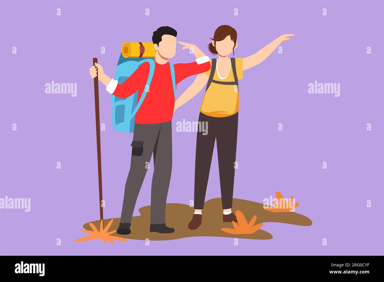 Cartoon flat style drawing couple man woman hiker at top of mountain ...