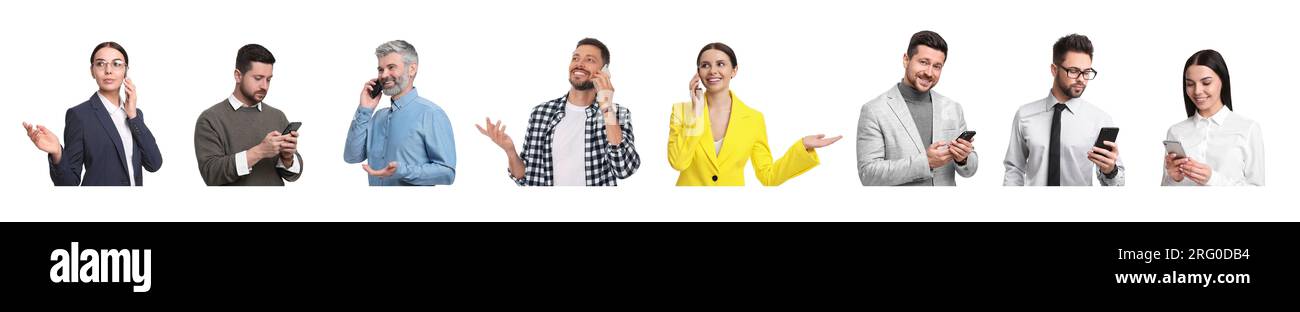 Collage with photos of people using mobile phones on white background ...