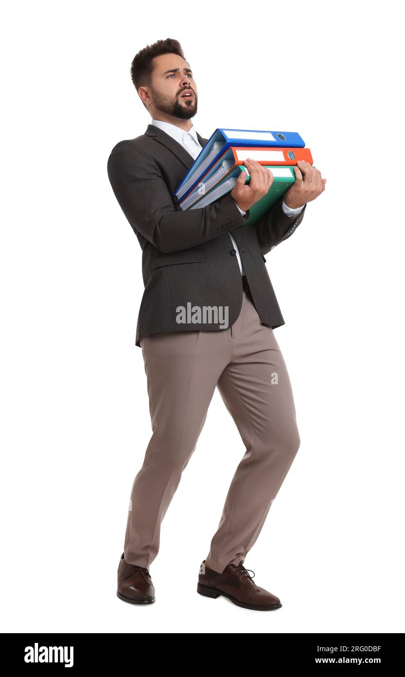 Stressful man with folders walking on white background Stock Photo - Alamy