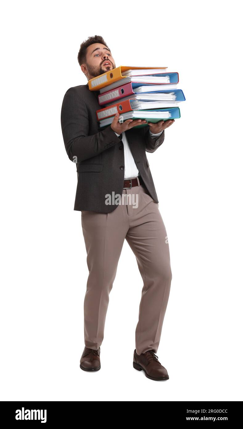 Stressful man with folders walking on white background Stock Photo - Alamy