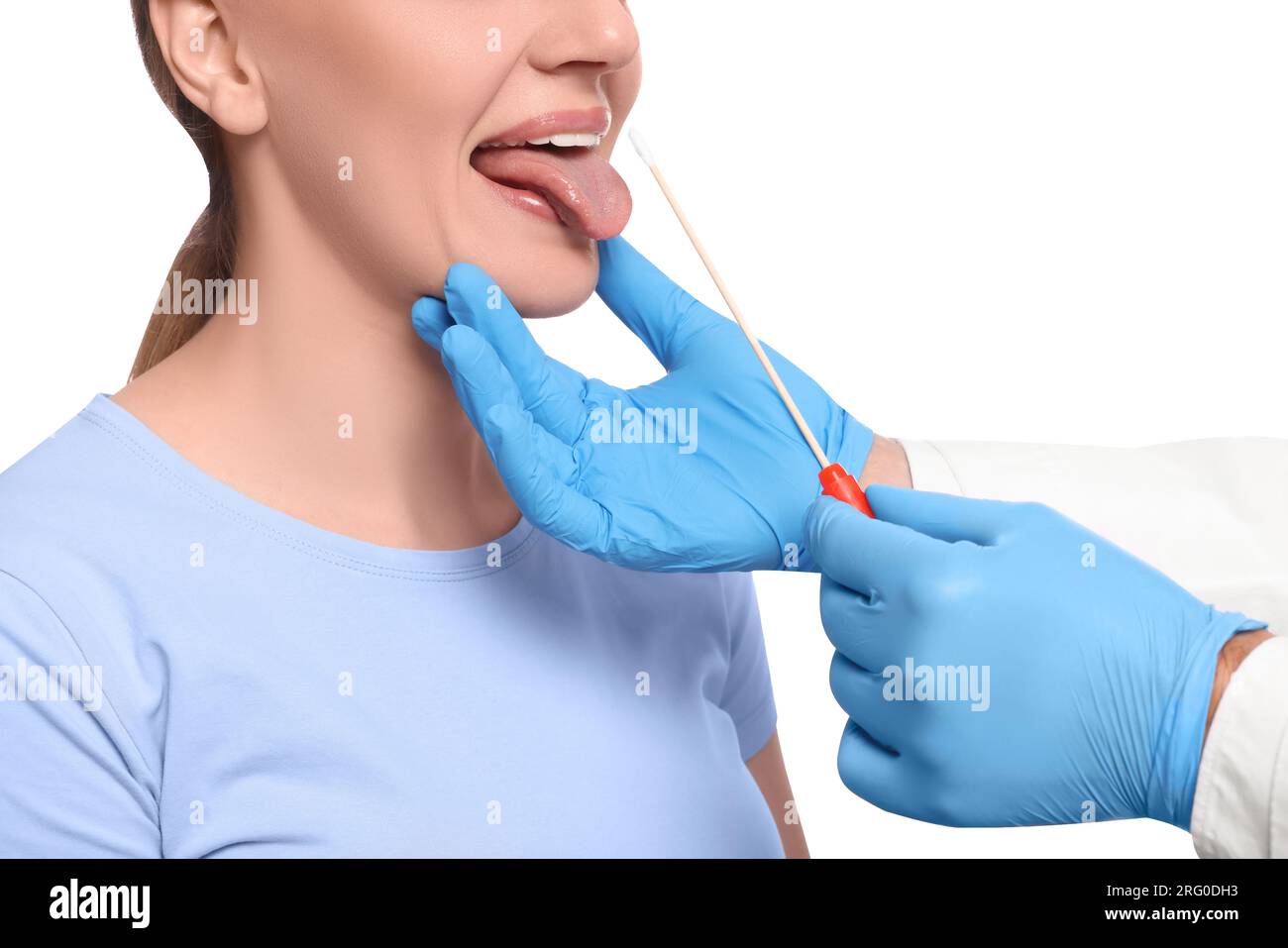 Doctor taking throat swab sample from woman`s oral cavity on white ...
