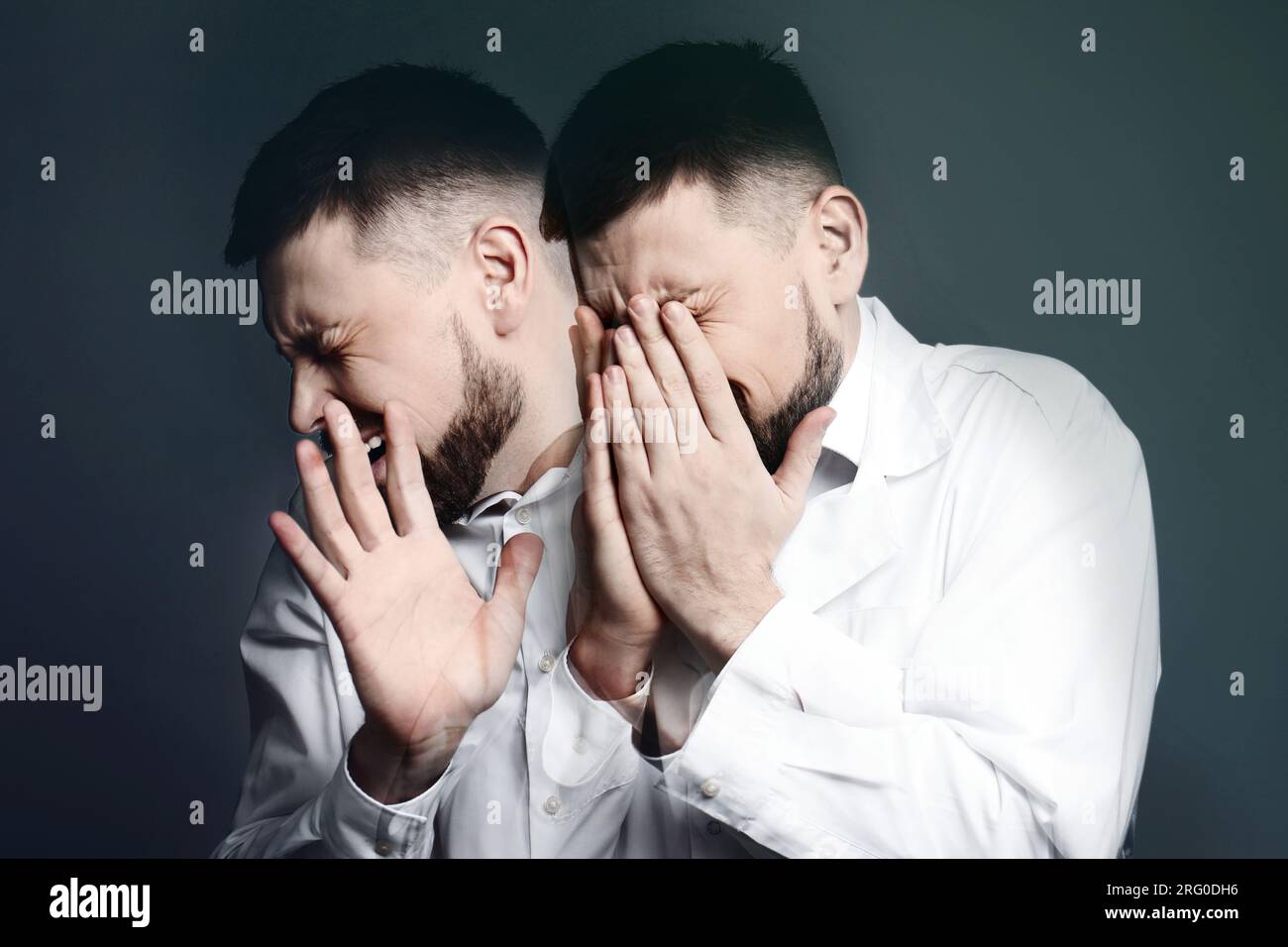 Suffering from hallucinations. Double exposure with photos of man on ...