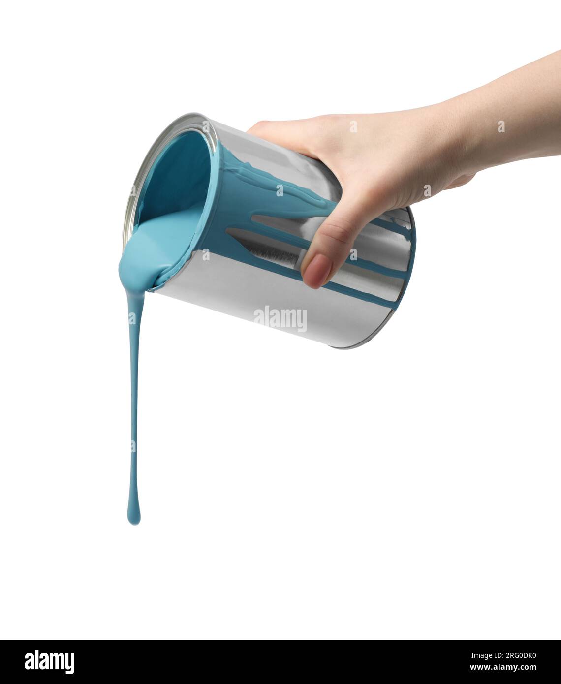 Woman pouring light blue paint from can on white background, closeup ...