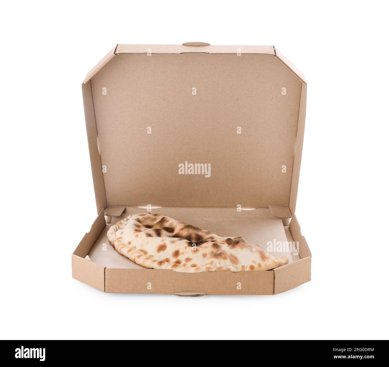 Cardboard box with delicious calzone on white background Stock Photo ...