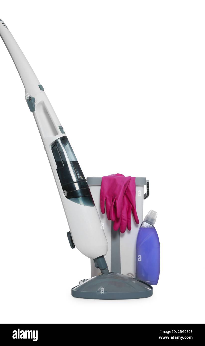 Modern steam mop, bucket with gloves and bottle of cleaning product ...