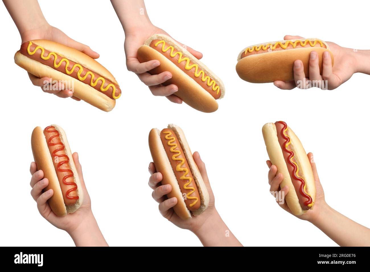 Collage with photos of people holding tasty hot dogs on white ...
