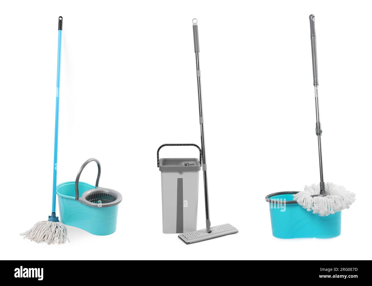 Set of mops and buckets on white background Stock Photo - Alamy