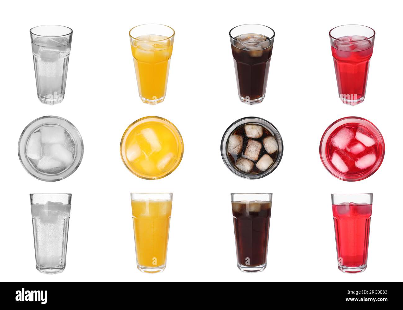 Collage of tasty refreshing soda drinks with ice cubes on white ...