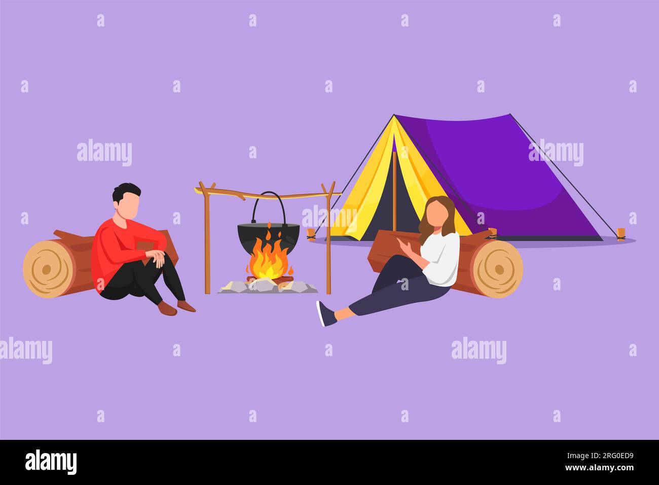 Graphic flat design drawing of romantic couple man woman hikers sitting ...