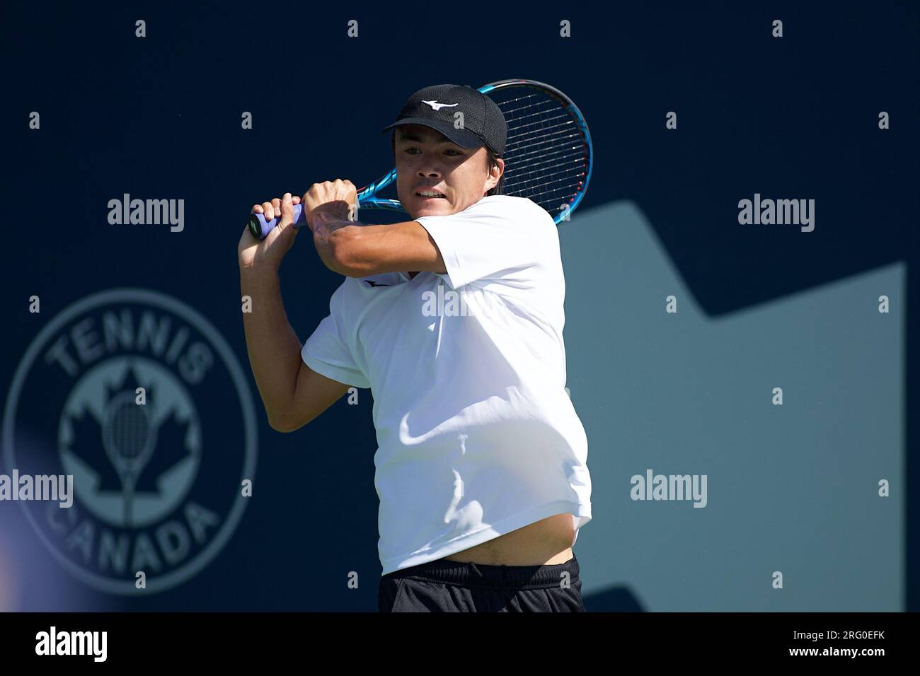 Taro Daniel of Japan plays a backhand during his men's singles first ...