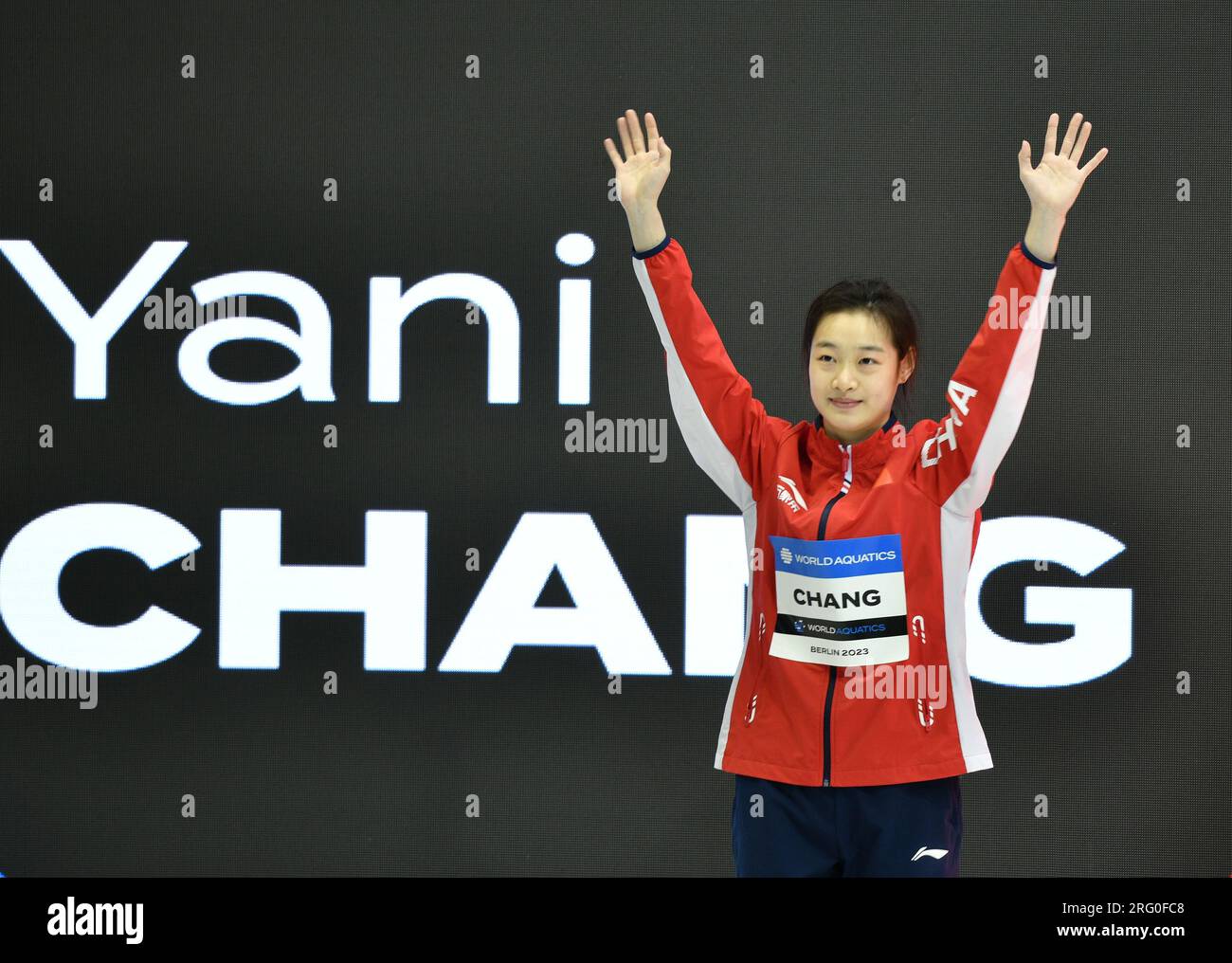 Berlin, Germany. 6th Aug, 2023. Chang Yani of China waves to spectators ...