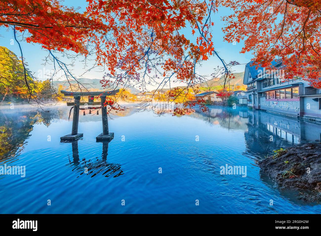 Yufuin, Japan - Nov 27 2022: Tenso-jinja shrine at lake Kinrin, is one ...